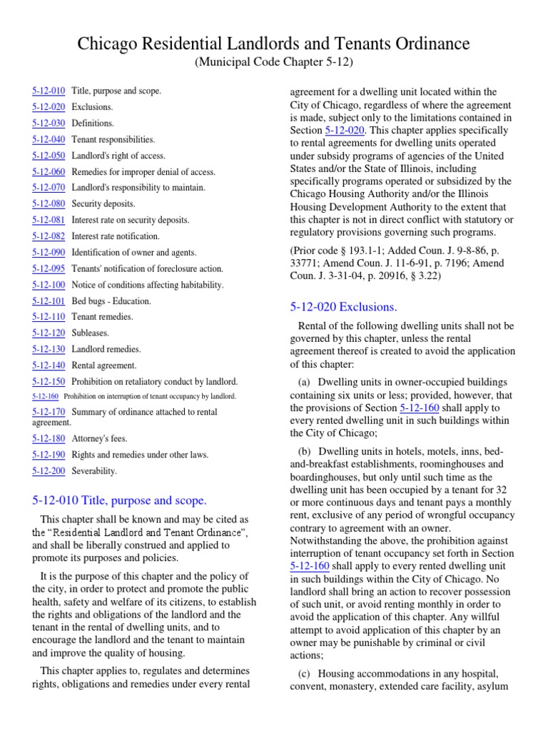 Chicago Residential Landlords and Tenants Ordinance: (Municipal Code ...