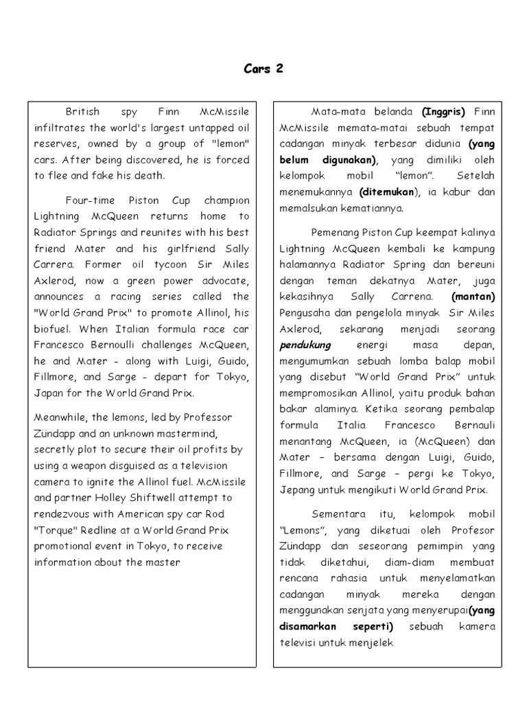 Cars 2 Synopsys 2 Zuhdi | PDF