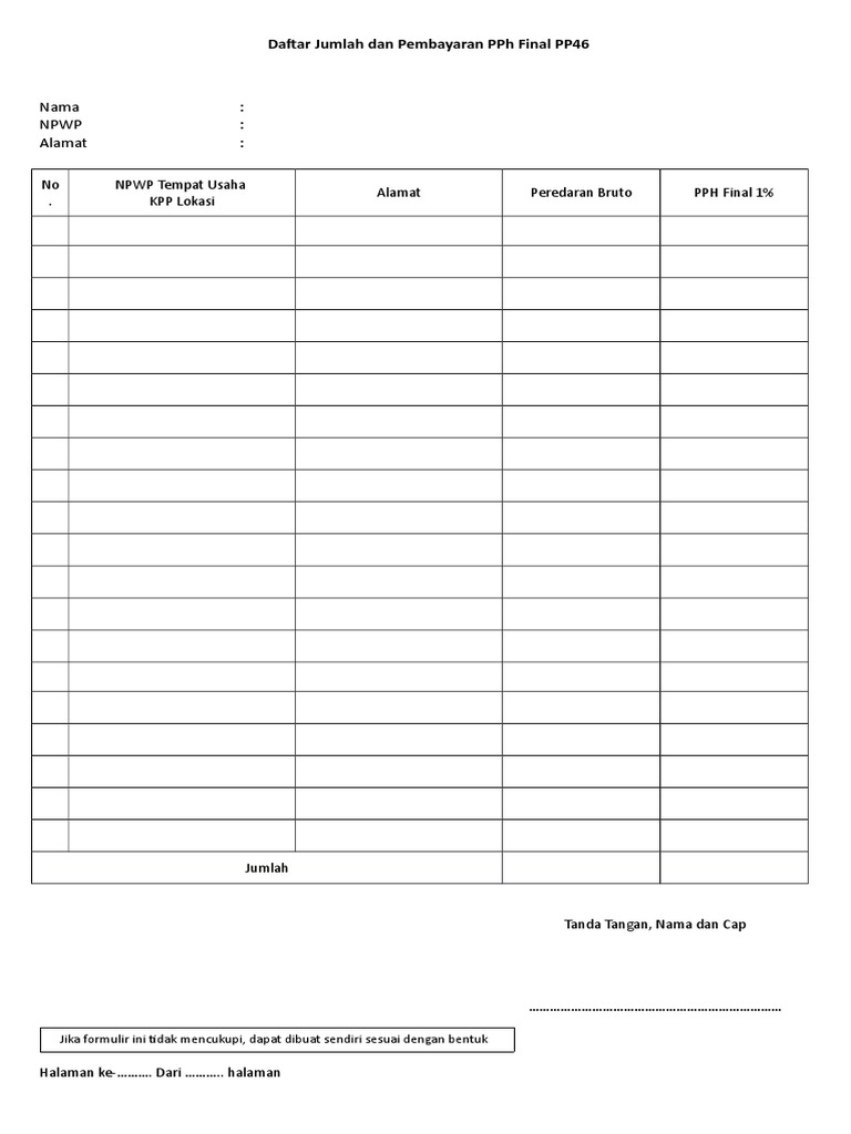 Daftar Jumlah Dan Pembayaran PPH Final PP46 | PDF