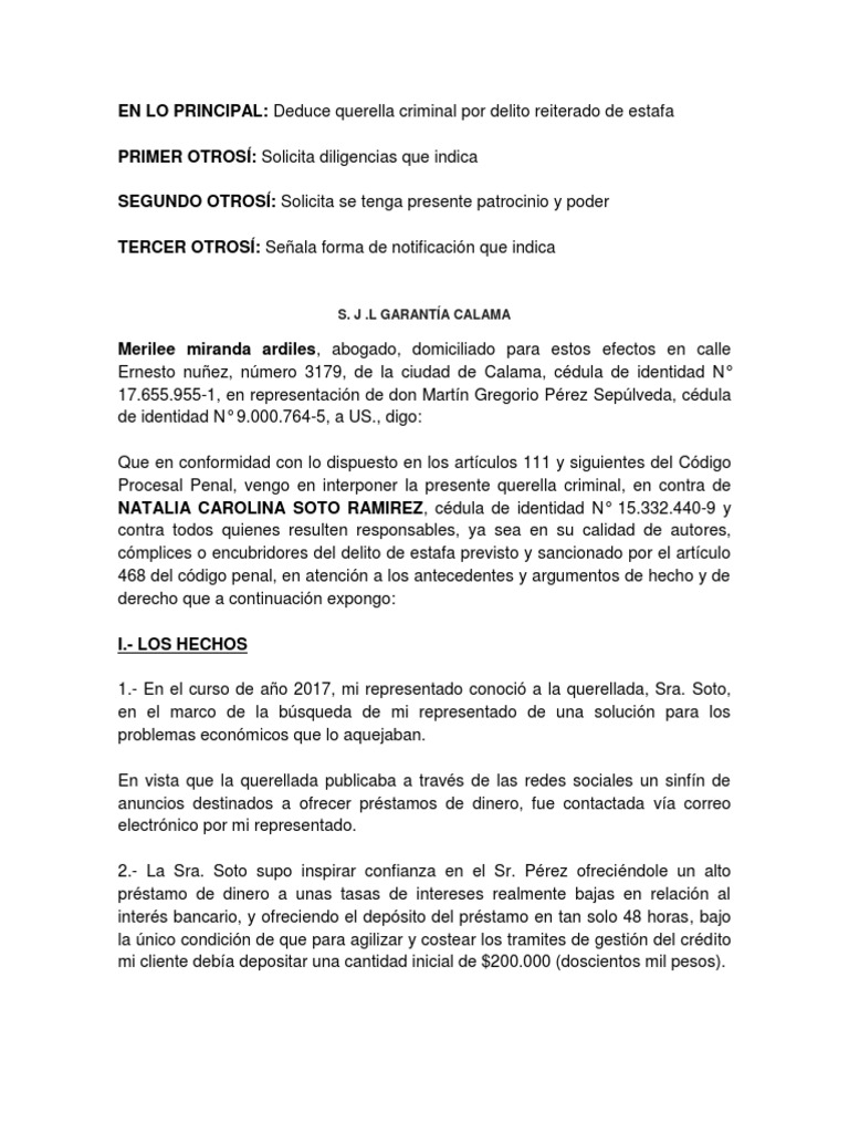 Modelo Querella Por Delito De Estafa Trucos De Confianza Delito