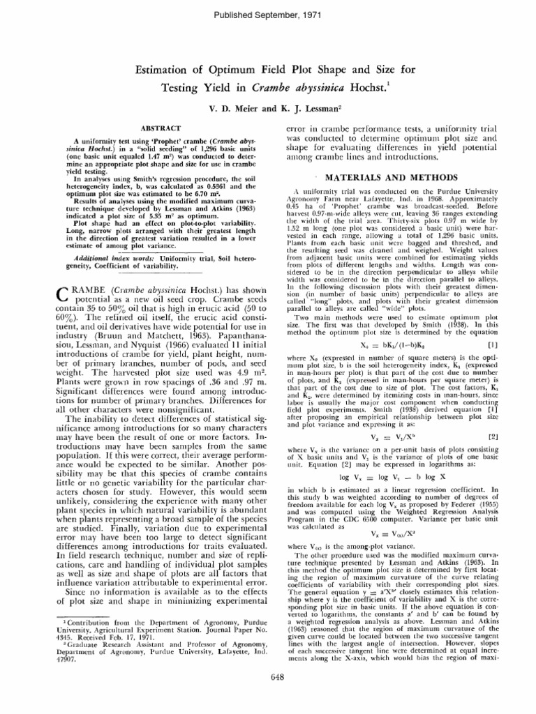 Optimum Plot Size for Crambe Yield | PDF | Variance | Logarithm