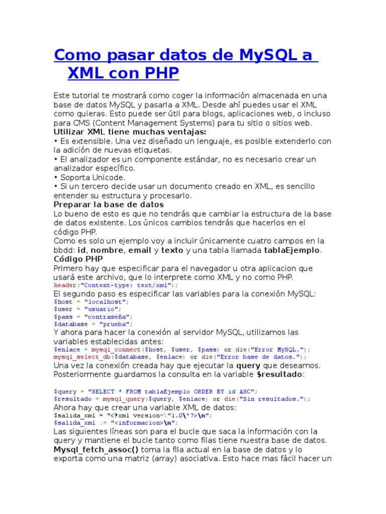 Como Pasar Datos de MySQL A XML Con PHP | Descargar gratis PDF | Php | Mi sql