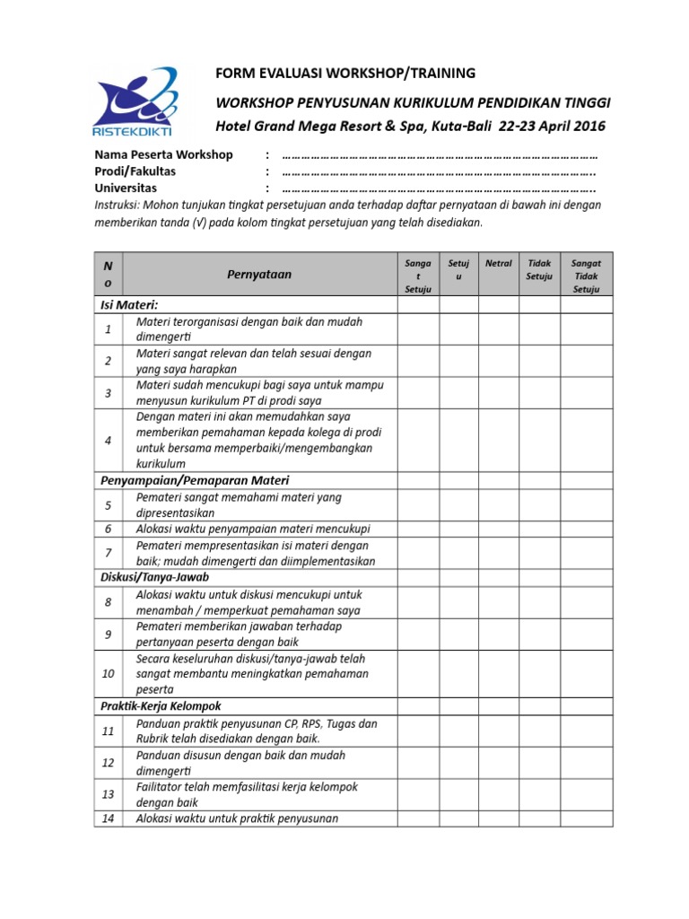 Form Evaluasi Workshop Kurikulum PT | PDF