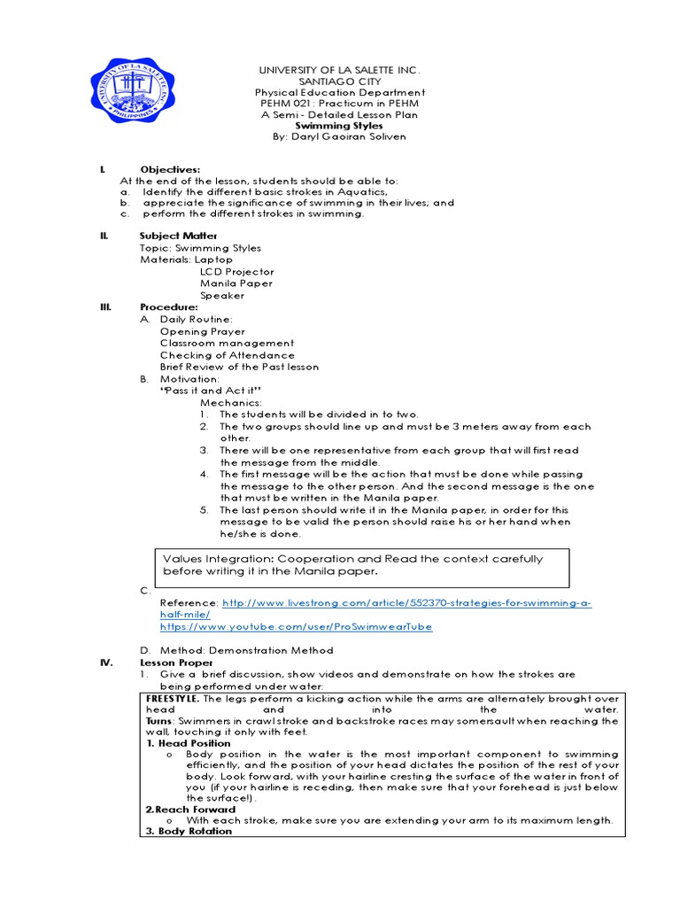 Semi Detailed Lesson Plan in Aquatics | Swimming | Water Sports