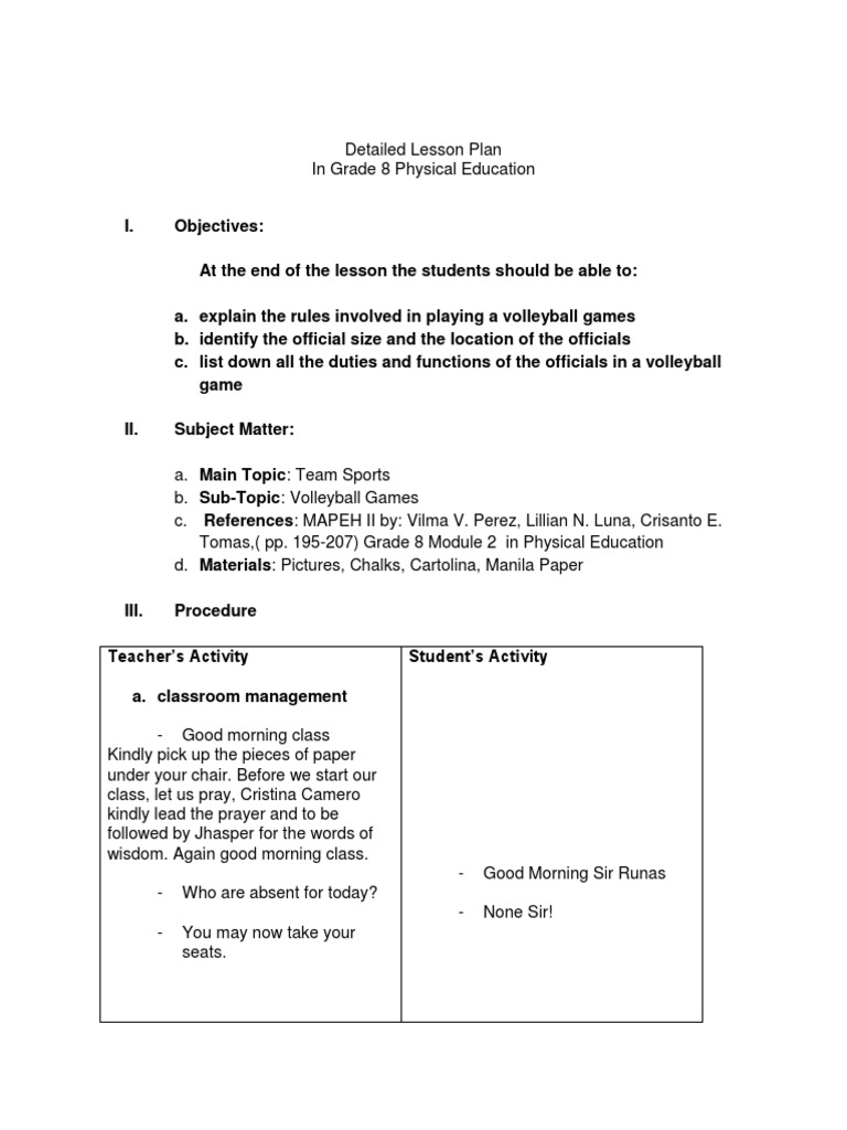 Detailed Lesson Plan in Grade 8 MAPEH | PDF | Referee | Volleyball