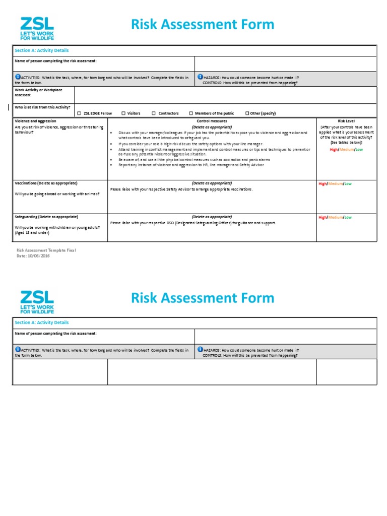 Risk Assessment Form: Section A: Activity Details | PDF | Risk ...