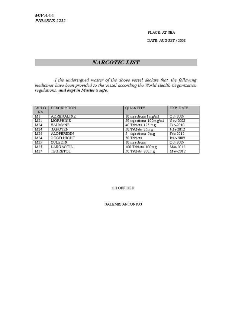 Narcotic List - Health Documents for arrival port