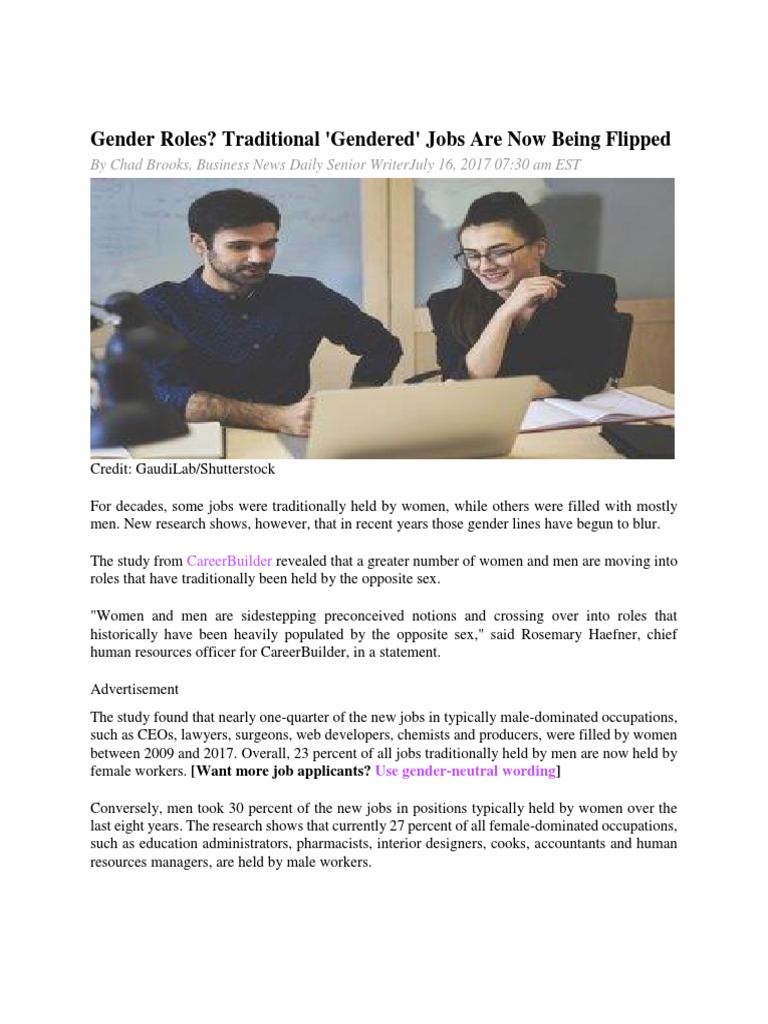 Gender Roles? Traditional 'Gendered' Jobs Are Now Being Flipped | PDF ...