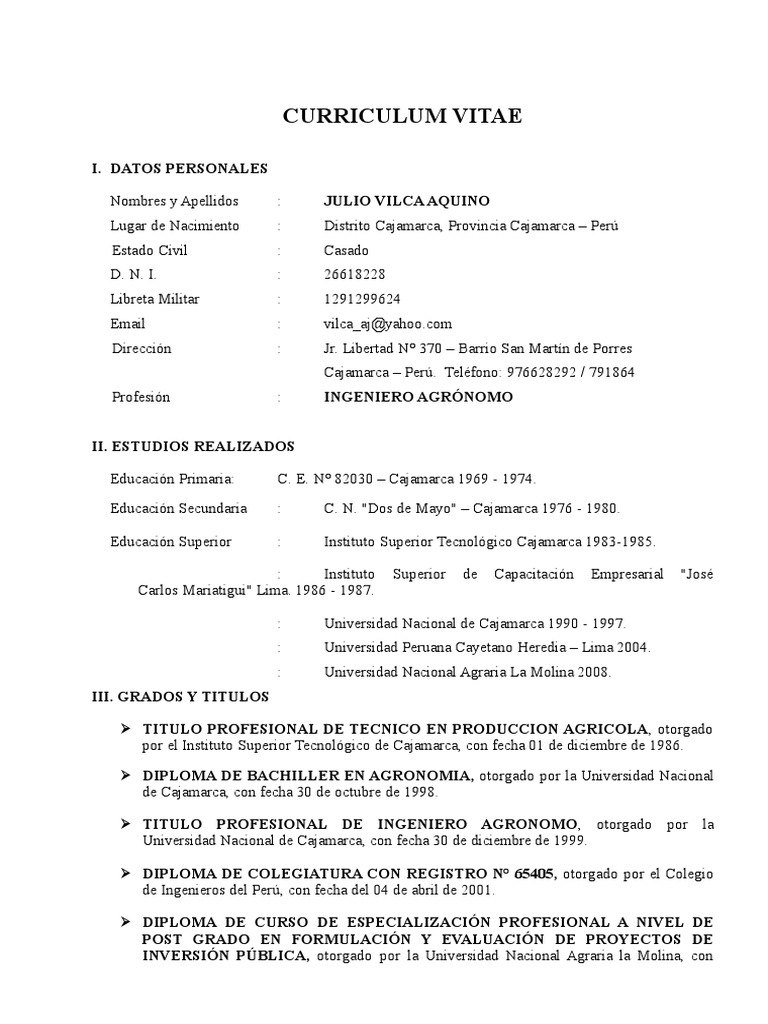 CURRICULUM JULIO VILCA para Lucio Cotrina 3 Años Ultimos | PDF | Perú | Universidad