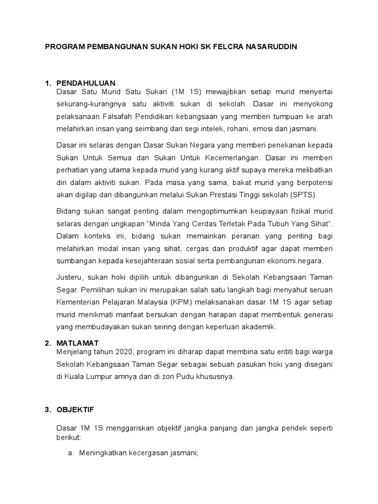 Program Pembangunan Sukan Hoki SK Taman Segar | PDF