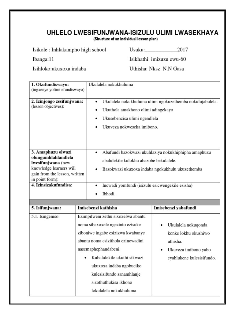Zulu Lesson Plan Three A | PDF | Semiotics | Learning