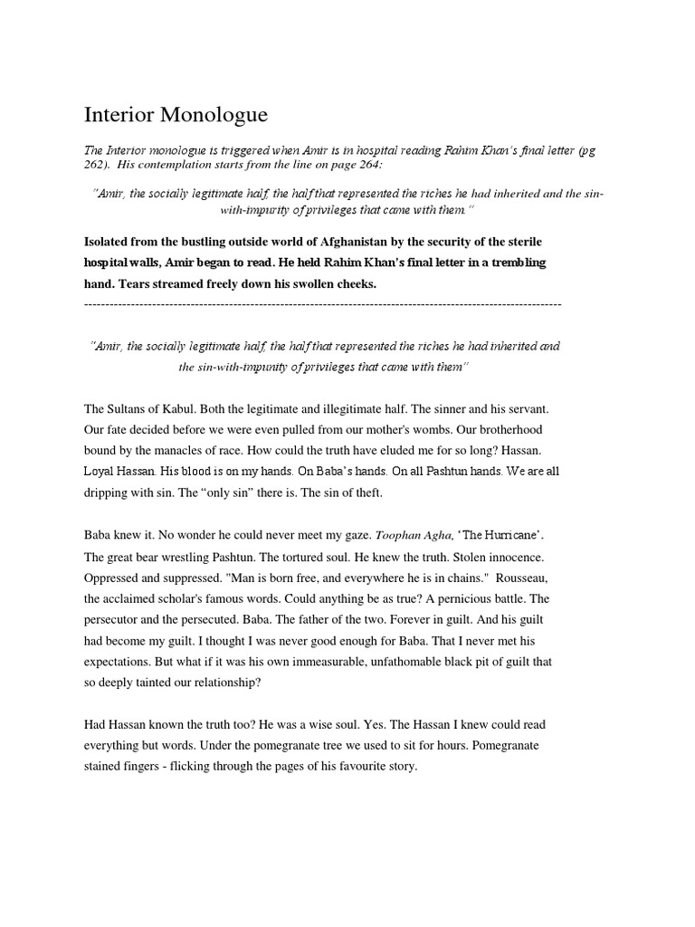 Interior Monologue The Kite Runner - Amir | PDF