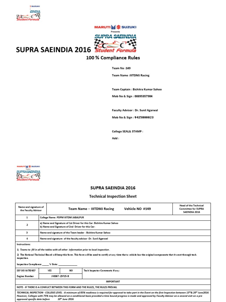 Technical Inspection Sheet | PDF | Throttle | Suspension (Vehicle)