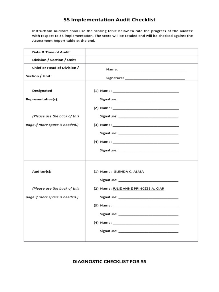 Workplace Form 5S Implementation Audit Checklist | PDF | Audit ...