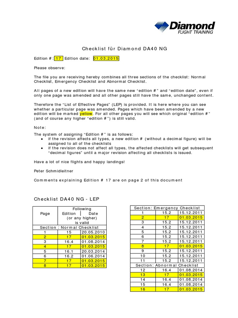DA40 NG Checklist Edit17 A4 | Aircraft Flight Control System | Engines