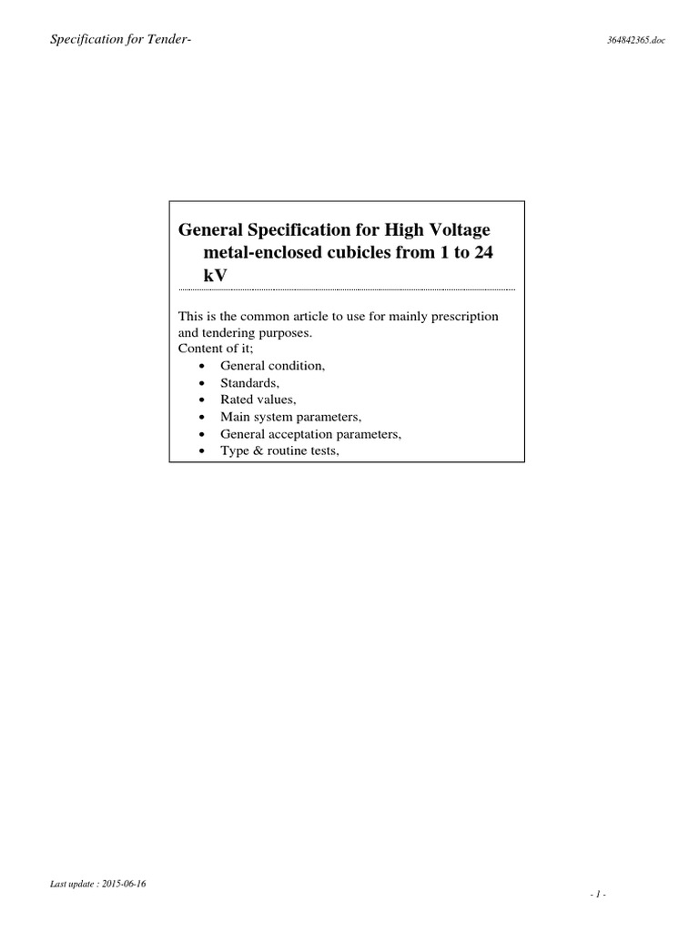 High Voltage Switchgear Tender Specs | PDF | Switch | Transformer