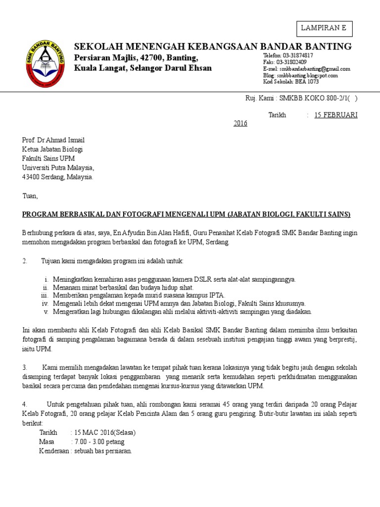 Surat Permohonan Program Berbasikal Di UPM SMK Bandar Banting | PDF