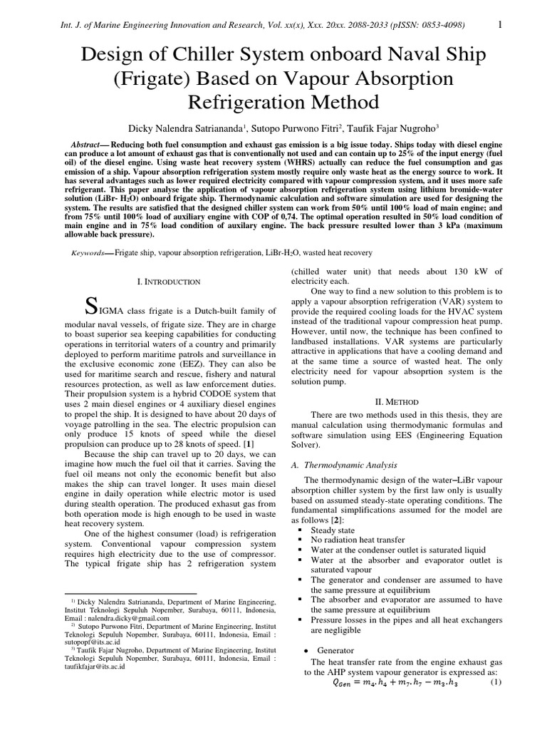 Design of Chiller System Onboard Naval Ship (Frigate) Based On Vapour ...