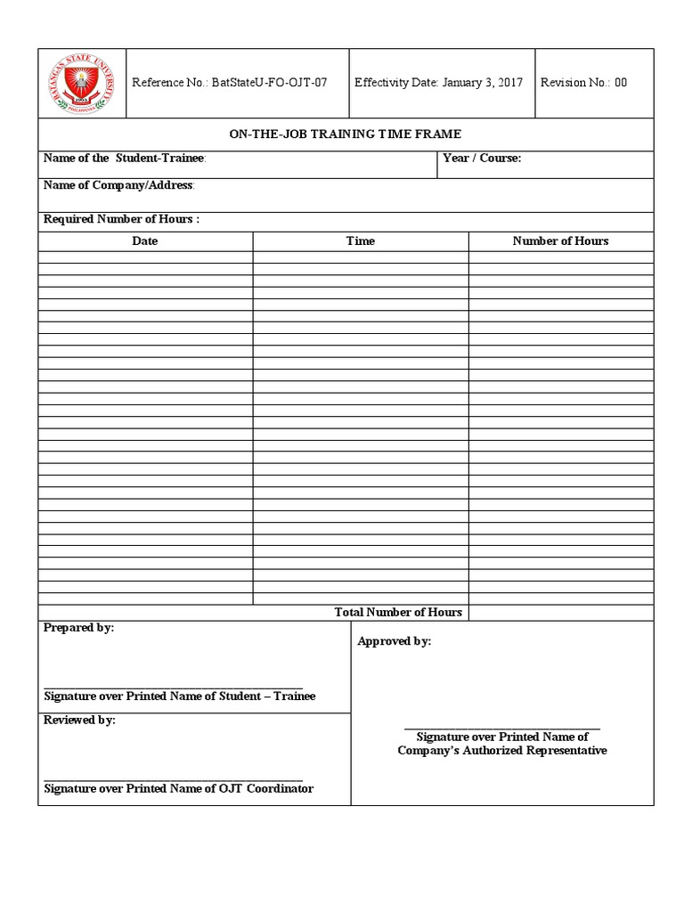 BatStateU-FO-OJT-07 - OJT Time Frame PDF | PDF