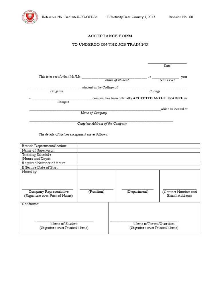 OJT Acceptance Form Template | PDF
