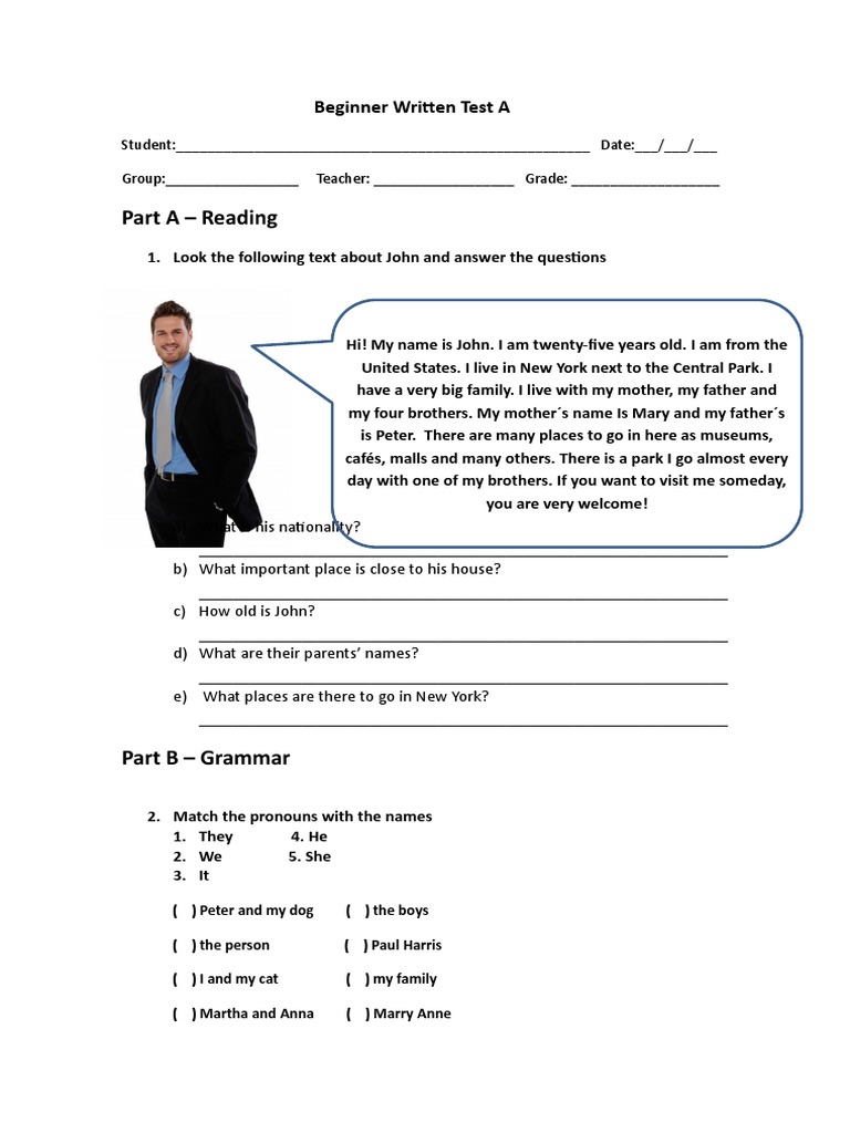 Part A - Reading: Beginner Written Test A | PDF | Languages | Language ...