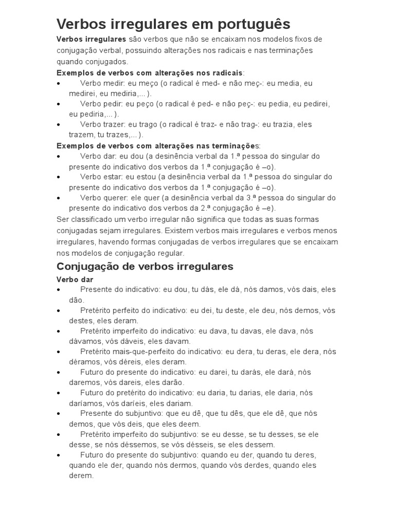 Verbos Irregulares em Português | PDF | Tempo gramatical | Morfologia
