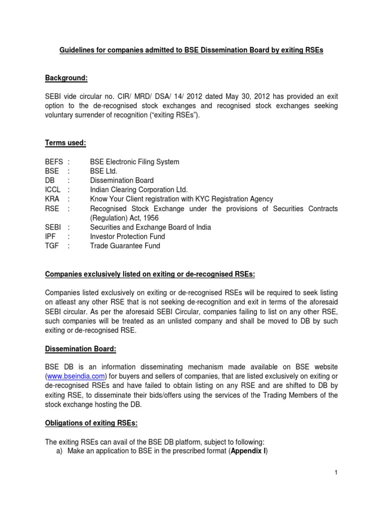 Guidelines For Companies Admitted To Bse Dissemination Board by Exiting ...