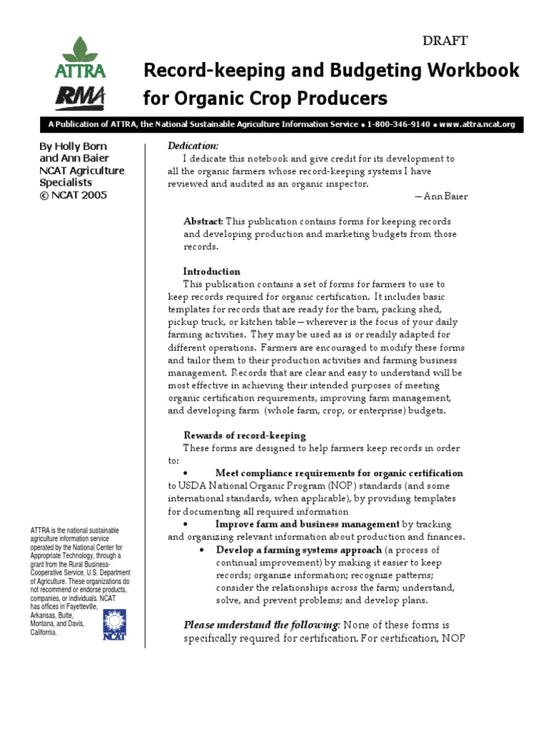 Record-Keeping and Budgeting Workbook For Organic Crop Producers | PDF ...