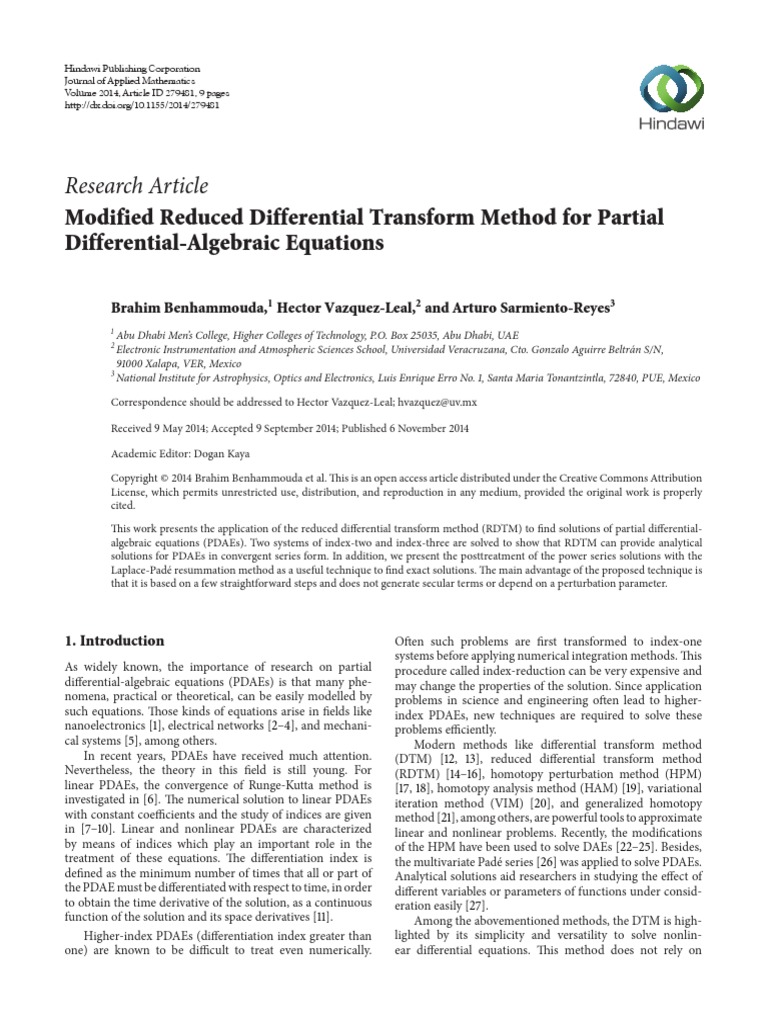 Modified Reduced Differential Transform Method For Partial Differential-Algebraic Equations ...