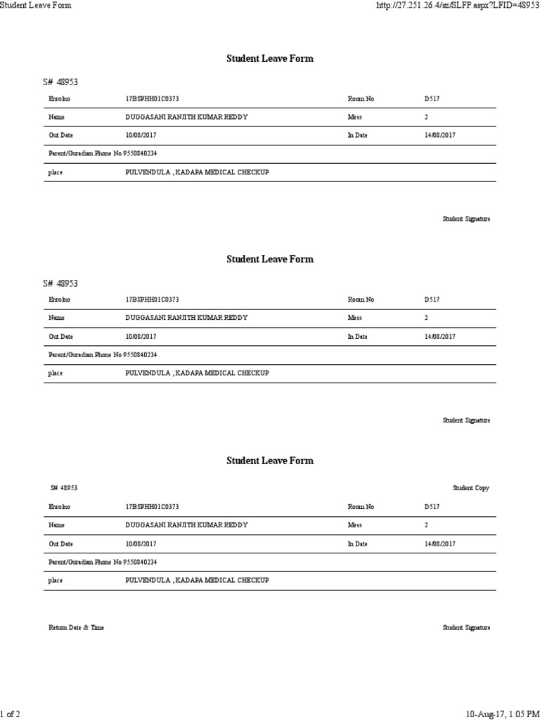 Student Leave Form | PDF | Health Care