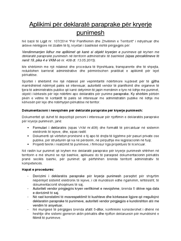 Aplikimi Per Deklarate Paraprake Per Kryerje Punimesh | PDF