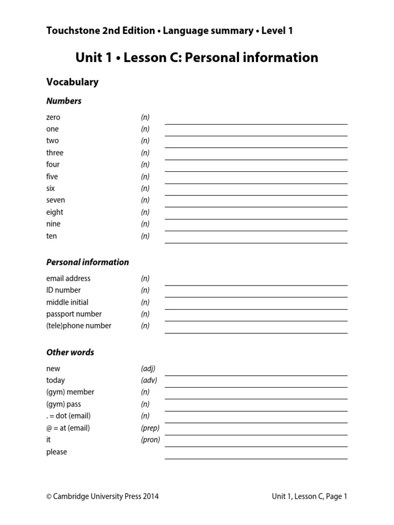Unit 1 - Lesson C: Personal Information: Touchstone 2nd Edition - Language Summary - Level 1 ...