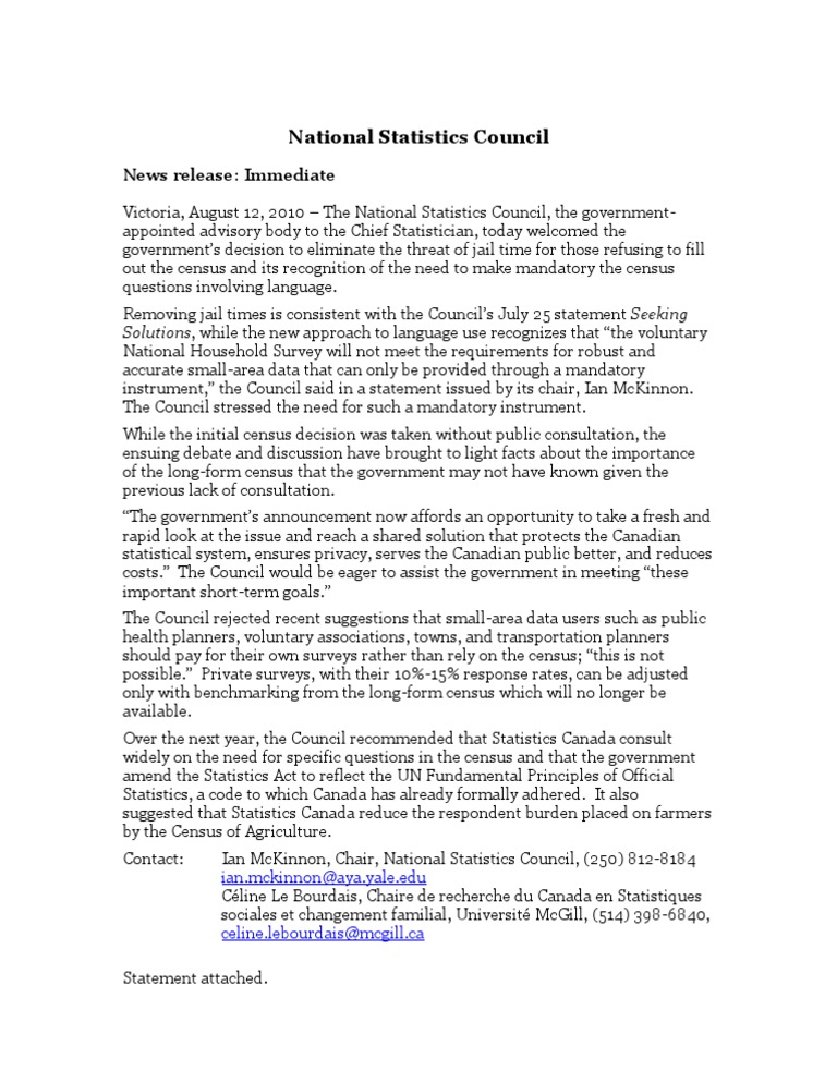 NSC Press Release Aug 12 en | PDF | Census | Public Sphere