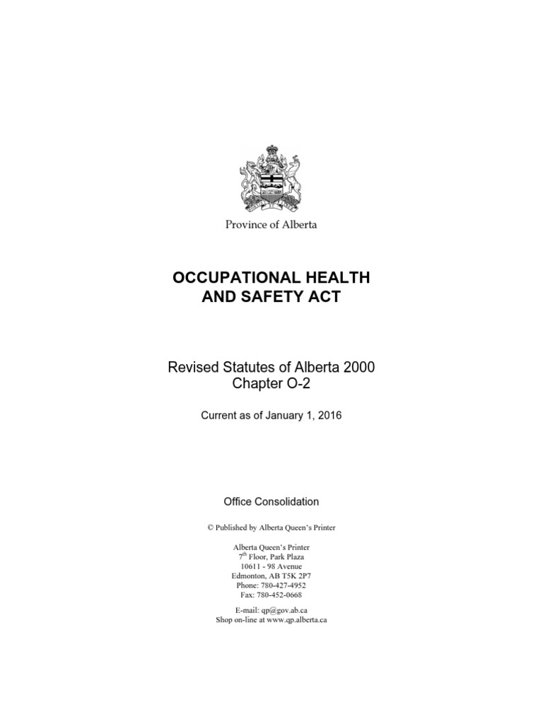 Occupational Health and Safety Act: Revised Statutes of Alberta 2000 ...
