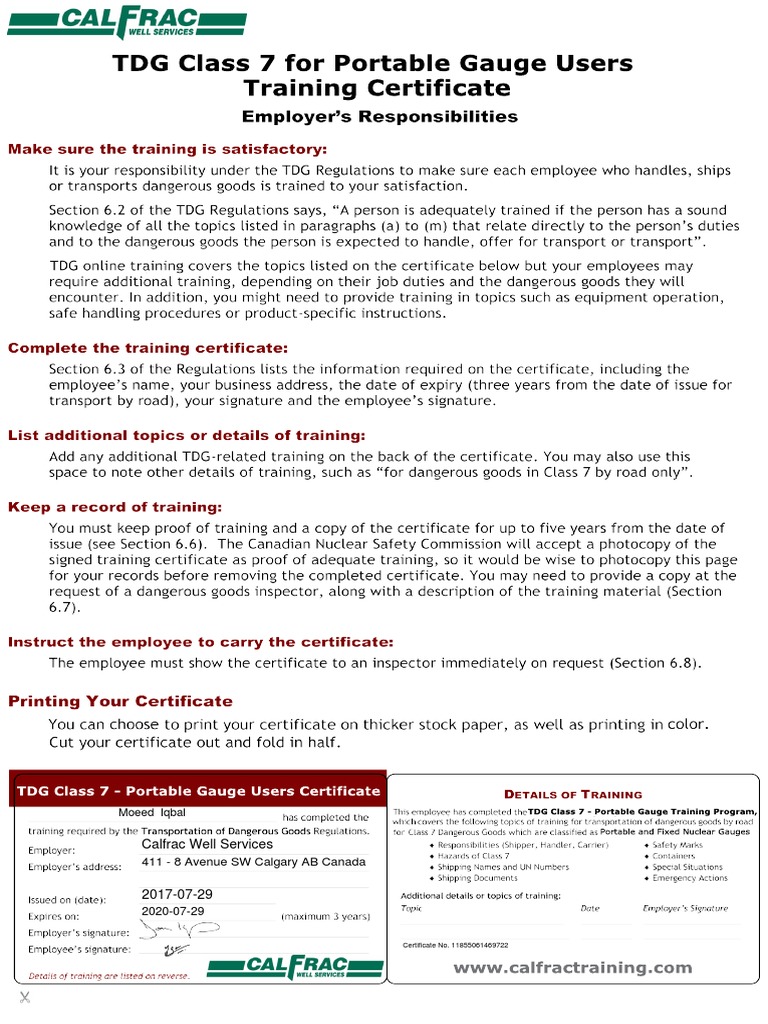 TDG Class 7 For Portable Gauge Users Certificate-Signed | PDF