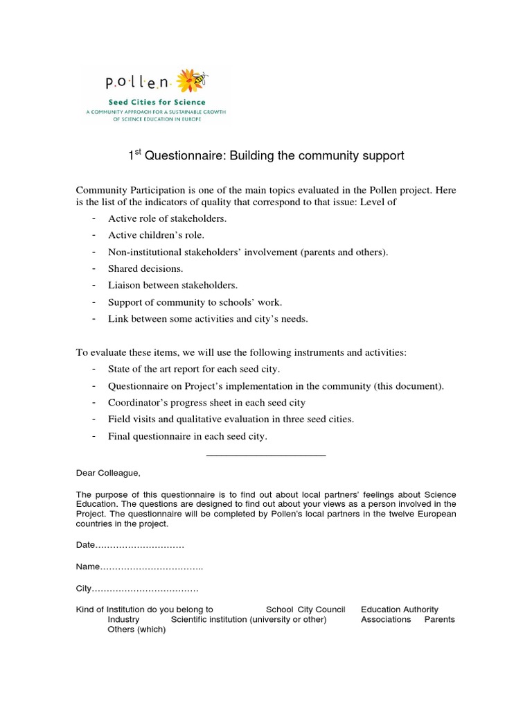 Community Questionnaire and Coordinator Sheet | PDF | Questionnaire ...