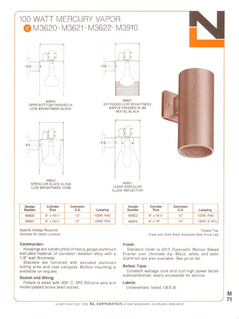 NL Corporation M3620-M3621-M3622-M3910-M3630-M3631-M3632 100 & 175w MV ...