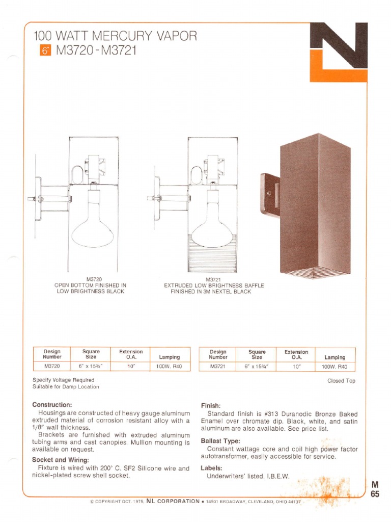 NL Corporation M3720-M3721-M3730-M3731 100 & 175w MV R40 Square Spec ...