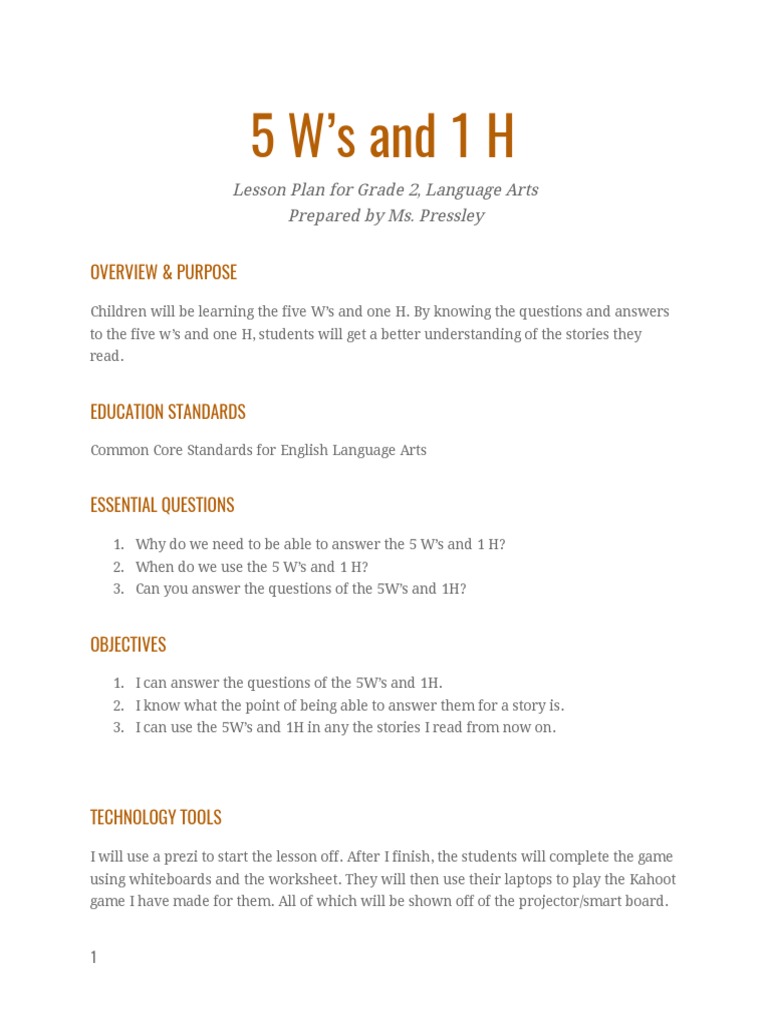 5 W's and 1 H: Lesson Plan For Grade 2, Language Arts Prepared by Ms ...