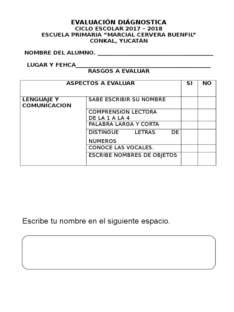 Evaluación Diágnostica - Primer Grado | PDF