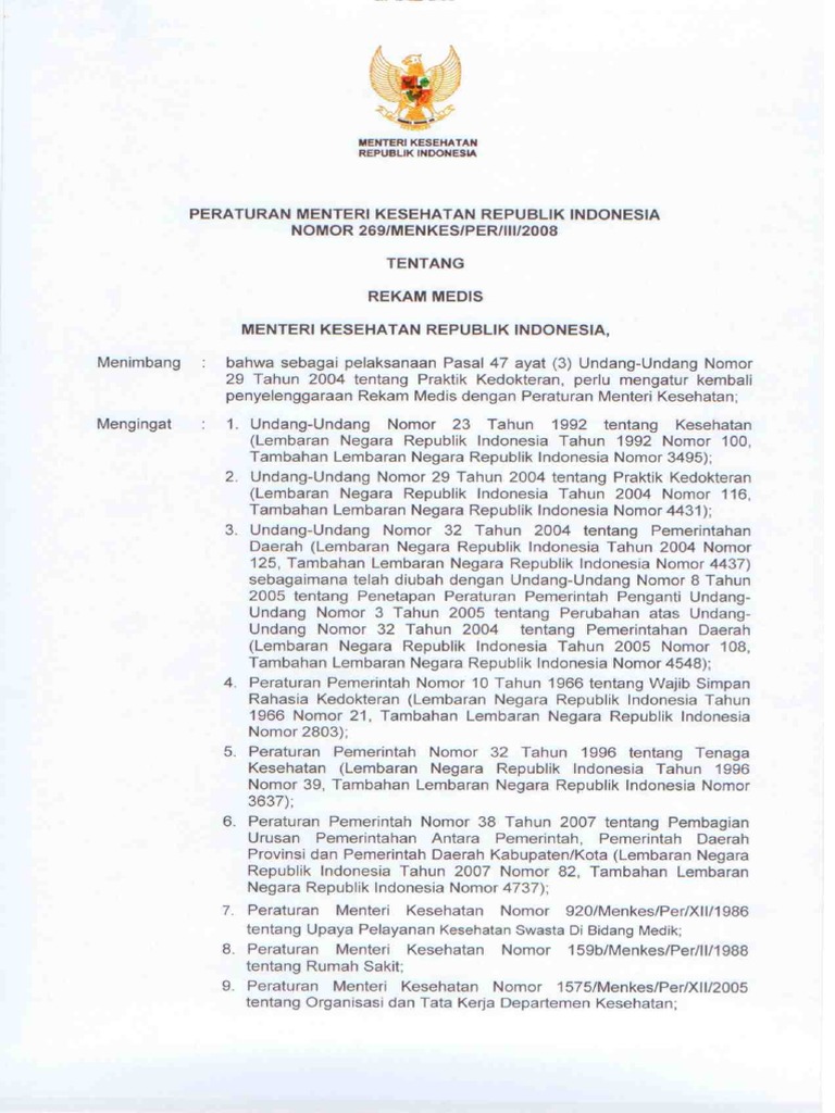 PERATURAN TENTANG REKAM MEDIS Permenkes-No-269-Tahun-2008 PDF | PDF