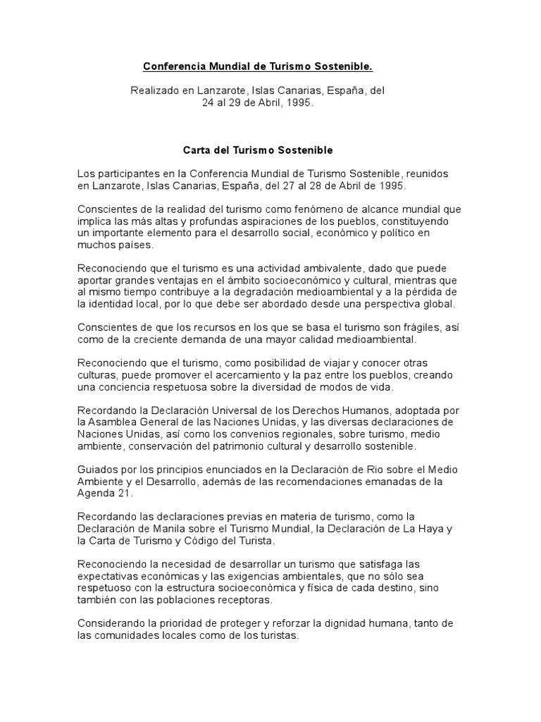 Carta Tur Sostenible 1995 | PDF | Desarrollo sostenible | Turismo