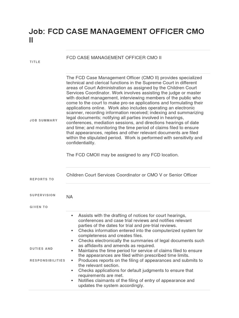 Job: FCD Case Management Officer Cmo II: Title | PDF | Lawyer | Mediation
