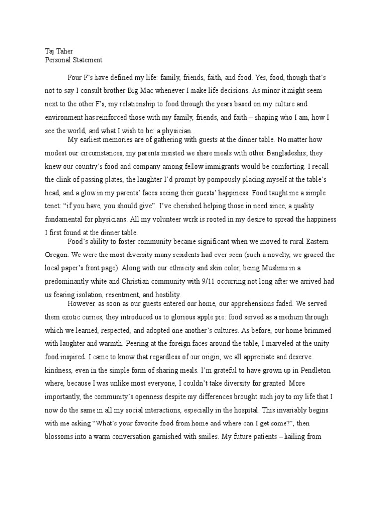Taj Taher - Personal Statement | PDF | Obesity | Wellness