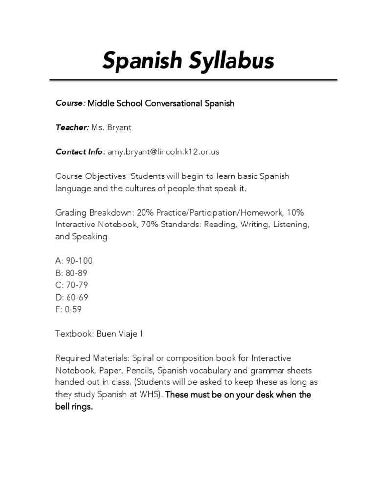 Middle School Spanish Syllabus PDF | Download Free PDF | Homework ...