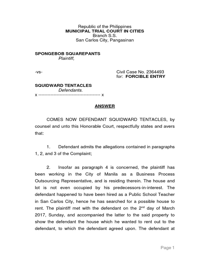 Answer On Forcible Entry Case | PDF | Lawsuit | Complaint