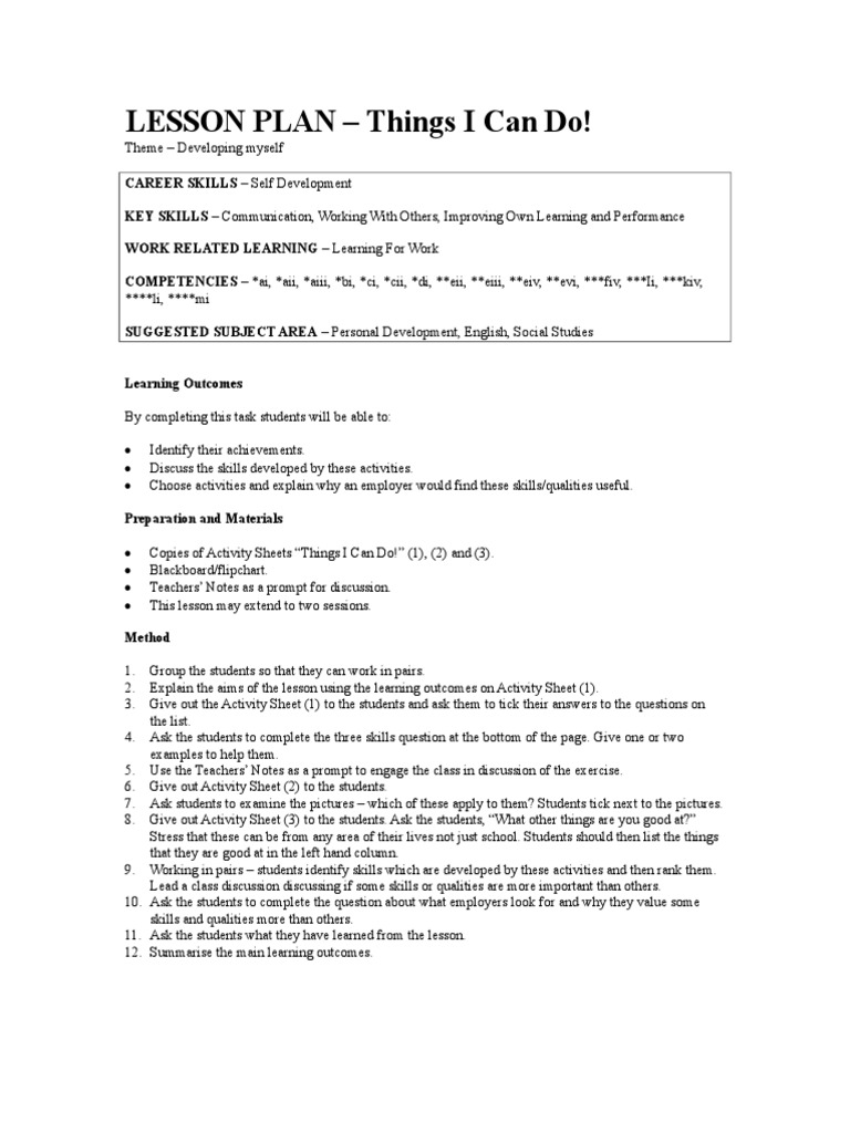 Lesson Plan 4 - Things I Can Do | Lesson Plan | Classroom