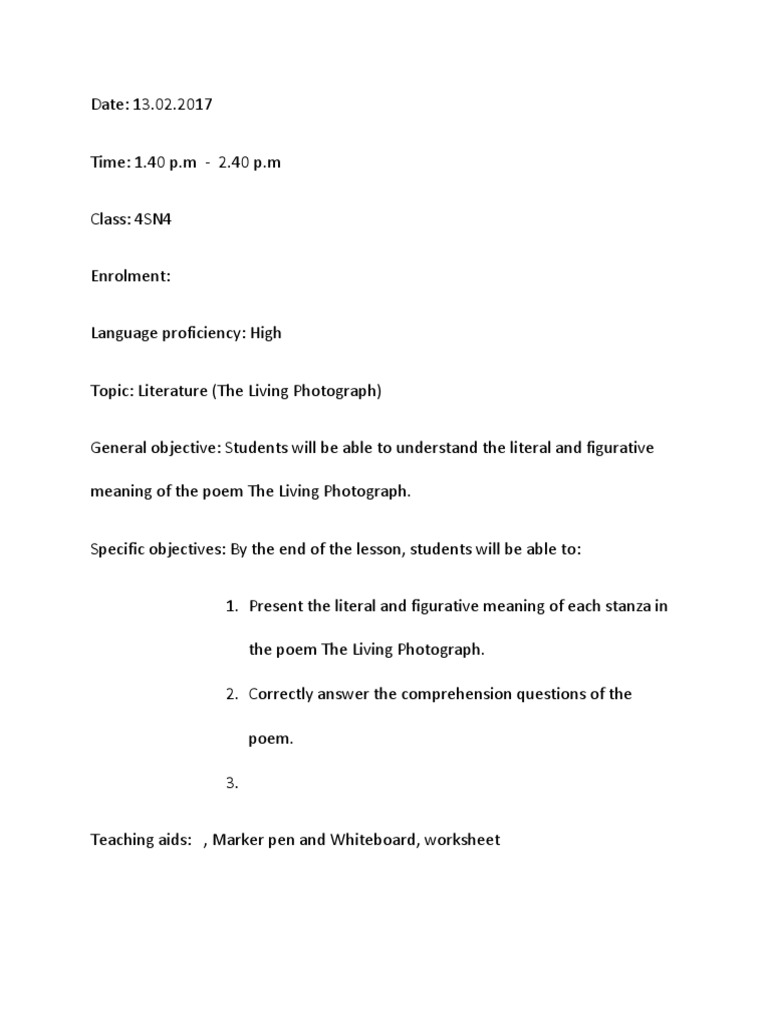 Lesson Plan The Living Photograph | PDF | Question | Human Communication