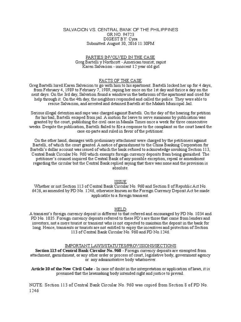 Legal Analysis: Salvacion v. Central Bank | PDF | Central Banks | Complaint