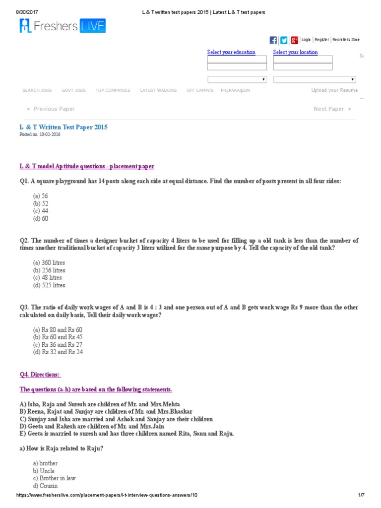 L & T Written Test Papers 2015 - Latest L & T Test Papers | PDF ...